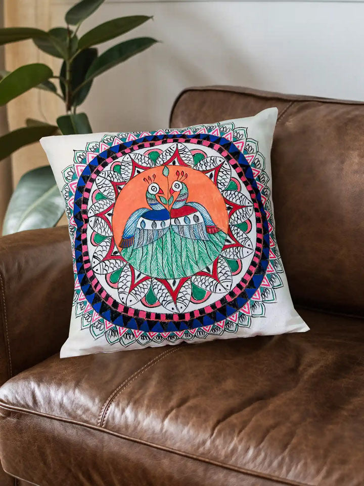 Hand Painted Madhubani Art Cushion Covers with 2 Dancing Peacock – Dewy Lupin